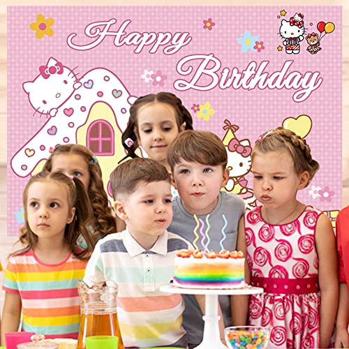 Kawaii Kitty Birthday Party Supplies, Happy Birthday Backdrop for Kawaii Theme Party, 5 x 3 FT Cute Kitty Photography Background Banner for Girls Boys Birthday Party Decorations