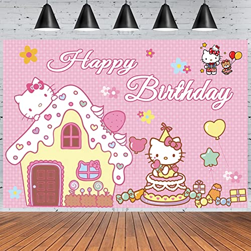 Kawaii Kitty Birthday Party Supplies, Happy Birthday Backdrop for Kawaii Theme Party, 5 x 3 FT Cute Kitty Photography Background Banner for Girls Boys Birthday Party Decorations