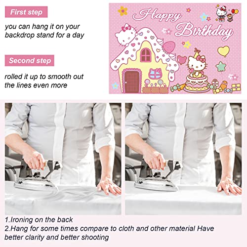 Kawaii Kitty Birthday Party Supplies, Happy Birthday Backdrop for Kawaii Theme Party, 5 x 3 FT Cute Kitty Photography Background Banner for Girls Boys Birthday Party Decorations