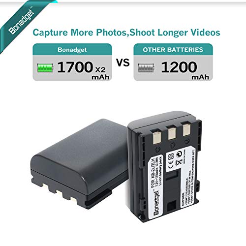 Bonadget 1700mAh NB-2LH / NB-2L Replacement Battery and Charger Compatible with Canon EOS Digital Rebel XTI XT VIXIA HF PowerShot G7 G9 S70 S80 S50 S30 DC410 DC420 400D 350D(2 Pack)