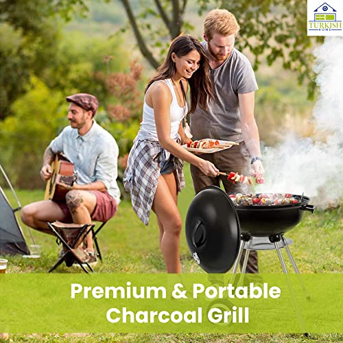 Turkish Home Portable Charcoal Grill 18 Inch Round With 2 Wheels - Easy to Clean Outdoor Barbecue Grill For Camping Tailgating and Garden- Durable Kettle Grill