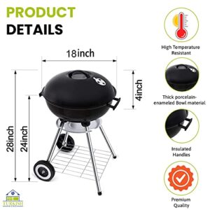 Turkish Home Portable Charcoal Grill 18 Inch Round With 2 Wheels - Easy to Clean Outdoor Barbecue Grill For Camping Tailgating and Garden- Durable Kettle Grill