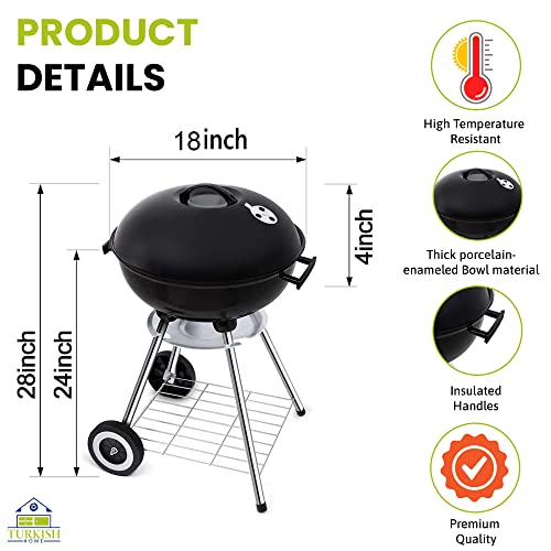 Turkish Home Portable Charcoal Grill 18 Inch Round With 2 Wheels - Easy to Clean Outdoor Barbecue Grill For Camping Tailgating and Garden- Durable Kettle Grill