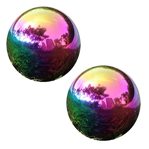 Kesywale Rainbow Gazing Globe Mirror Ball, Home Shiny Stainless Steel Gazing Balls for Gardens Yard Ponds, Pack of 2 (4.7 Inch)