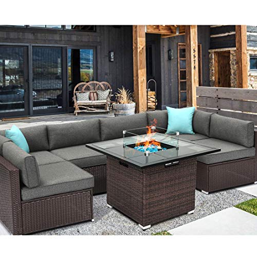 HOMPUS Outdoor Patio Furniture 7-Piece Wicker Sectional Sofa，Dark Gray Cushions w 32-inch Square Propane Fire Pit Table(40,000 BTU)，Internal Tank Storage，Glass Wind Guard