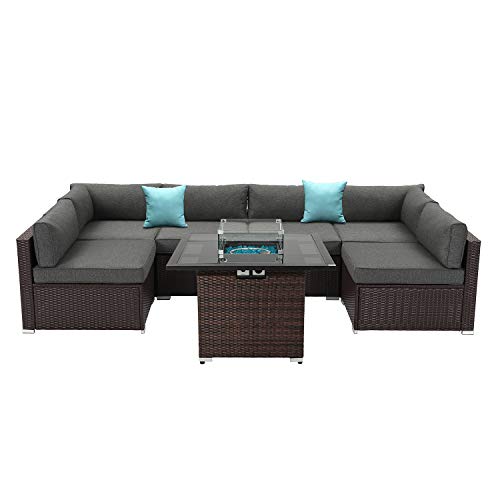 HOMPUS Outdoor Patio Furniture 7-Piece Wicker Sectional Sofa，Dark Gray Cushions w 32-inch Square Propane Fire Pit Table(40,000 BTU)，Internal Tank Storage，Glass Wind Guard