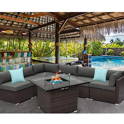 HOMPUS Outdoor Patio Furniture 7-Piece Wicker Sectional Sofa，Dark Gray Cushions w 32-inch Square Propane Fire Pit Table(40,000 BTU)，Internal Tank Storage，Glass Wind Guard