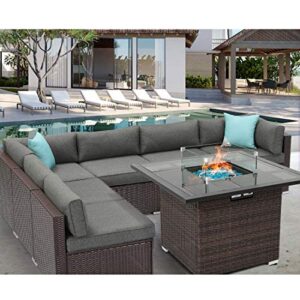 HOMPUS Outdoor Patio Furniture 7-Piece Wicker Sectional Sofa，Dark Gray Cushions w 32-inch Square Propane Fire Pit Table(40,000 BTU)，Internal Tank Storage，Glass Wind Guard