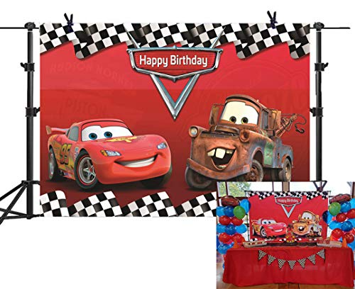 Botong 5x3ft Cars Backdrop Movie Birthday Party Supplies Backdrops Car Racing Story Black White Grid Red Photo Backgrounds for Photography Birthday Party Banner