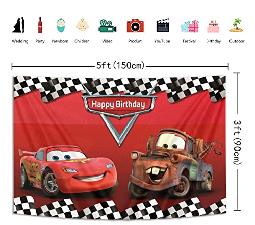 Botong 5x3ft Cars Backdrop Movie Birthday Party Supplies Backdrops Car Racing Story Black White Grid Red Photo Backgrounds for Photography Birthday Party Banner