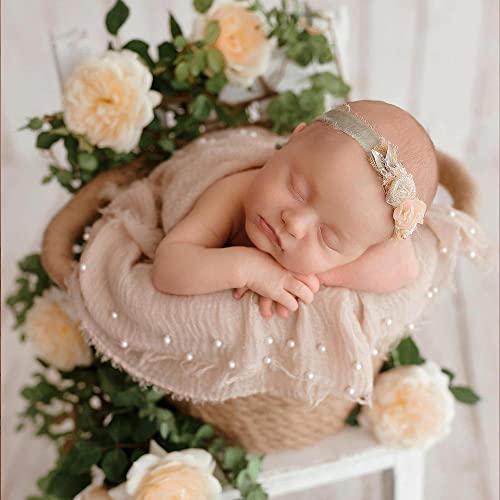 M&G House Newborn Photography Wrap | Handmade Pearl Decor Wrap Blanket for Baby Photo Props | 35.5 X 67 inch Newborn Photo Shoot Outfits Baby Photoshoot Props(Beige)