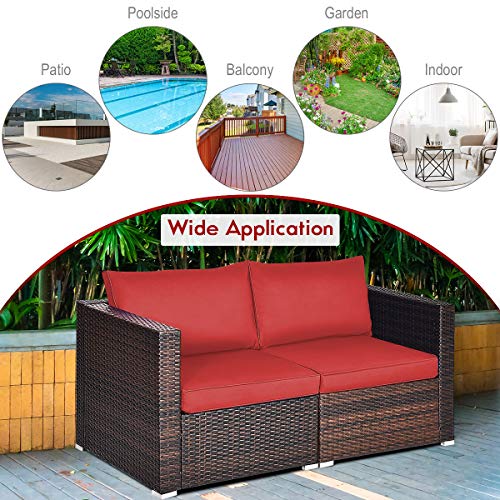 Tangkula Wicker Loveseat 2 Piece, Patio Furniture Couch with Removable Cushions, Rattan Loveseat Sofa for Balcony, Deck, Garden and Poolside