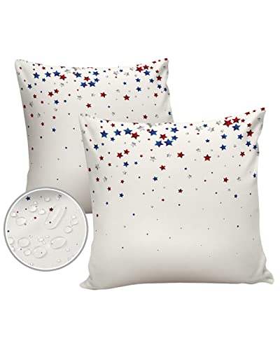 Outdoor Pillows 18x18 Waterproof Outdoor Pillow Covers, Memorial Independence Day Polyester Throw Pillow Covers Garden Cushion Decorative Case for Patio Couch Decoration Set of 2, Patriotic Star