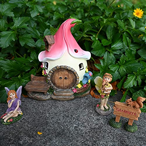 ALLADINBOX Solar Fairy Garden Gnome Accessories Kit - Hand Painted Miniature Fairy House Figurine Set of 4 pcs, Indoor & Outdoor Ornaments Gifts for Girls Boys Adults