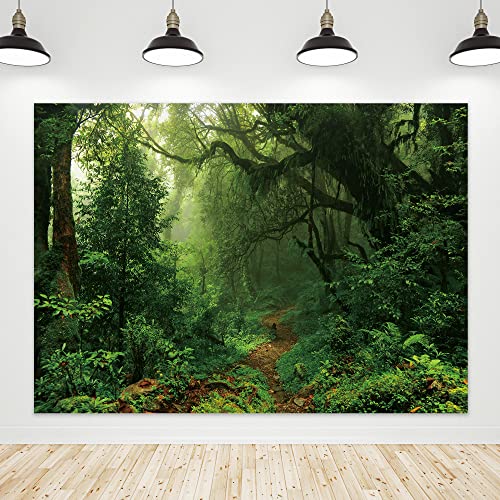 Riyidecor Jungle Forest Backdrop Fabric Polyester Spring Enchanted Nature Trees Rainforest Dreamland Dirt Road Green Photography Background 7Wx5H Feet Decoration Props Party Photo Shoot Backdrop