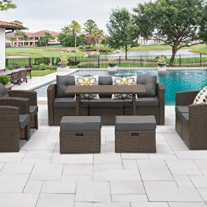 10-Piece Outdoor Patio Furniture Conversation Sets, All Weather Brown Wicker Rattan Aluminum Sectional Couch Sofa Set with Rectangular Dining Table and Dark Grey Cushion