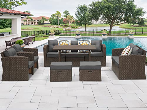 10-Piece Outdoor Patio Furniture Conversation Sets, All Weather Brown Wicker Rattan Aluminum Sectional Couch Sofa Set with Rectangular Dining Table and Dark Grey Cushion