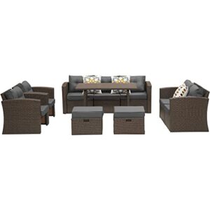 10-Piece Outdoor Patio Furniture Conversation Sets, All Weather Brown Wicker Rattan Aluminum Sectional Couch Sofa Set with Rectangular Dining Table and Dark Grey Cushion