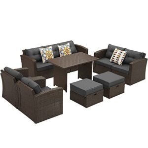 10-Piece Outdoor Patio Furniture Conversation Sets, All Weather Brown Wicker Rattan Aluminum Sectional Couch Sofa Set with Rectangular Dining Table and Dark Grey Cushion