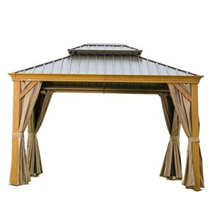 Double Hardtop Gazebo 12'x16',Wood Looking Hardtop Gazebo Outdoor Pergola Metal Gazebos Backyard Pavilion Aluminum Roof Canopy with Mosquito Netting and Curtains for Patio,Garden,Lawn