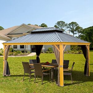 double hardtop gazebo 12’x16′,wood looking hardtop gazebo outdoor pergola metal gazebos backyard pavilion aluminum roof canopy with mosquito netting and curtains for patio,garden,lawn