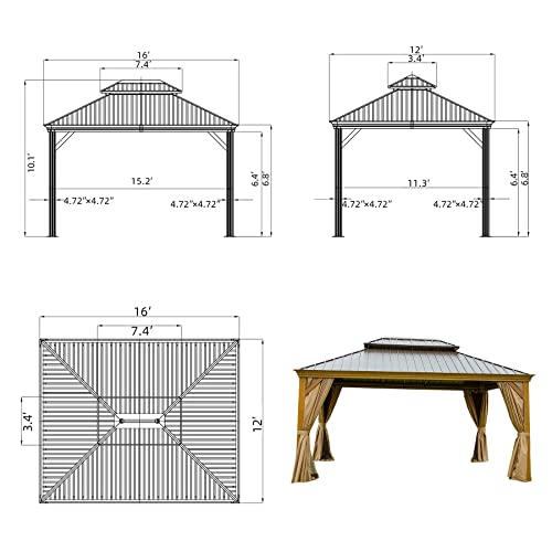 Double Hardtop Gazebo 12'x16',Wood Looking Hardtop Gazebo Outdoor Pergola Metal Gazebos Backyard Pavilion Aluminum Roof Canopy with Mosquito Netting and Curtains for Patio,Garden,Lawn