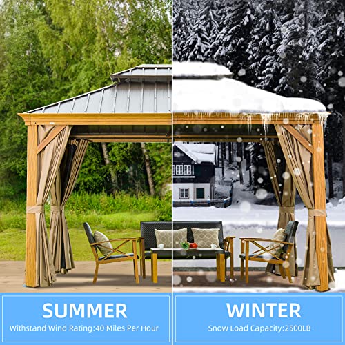 Double Hardtop Gazebo 12'x16',Wood Looking Hardtop Gazebo Outdoor Pergola Metal Gazebos Backyard Pavilion Aluminum Roof Canopy with Mosquito Netting and Curtains for Patio,Garden,Lawn