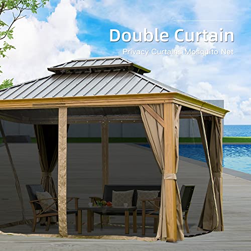 Double Hardtop Gazebo 12'x16',Wood Looking Hardtop Gazebo Outdoor Pergola Metal Gazebos Backyard Pavilion Aluminum Roof Canopy with Mosquito Netting and Curtains for Patio,Garden,Lawn