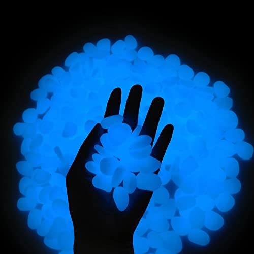 GLOCARNIVAL Glow Pebbles, 300 pcs Blue Glowing Rocks for Outdoor Decor, Garden Lawn Yard, Aquarium, Walkway, Fish Tank, Pathway, Luminous Pebbles Powered by Light or Solar