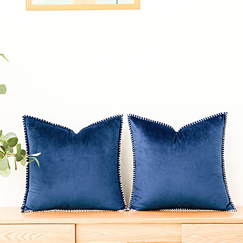 GAWAMAY Throw Pillow Covers 22x22 Cushion Cases, Soft Velvet Modern Novelty Edge Designs, Mix and Match for Home Decor, Pack of 2 Decorative Outdoor Pillow Cover for patio furniture Bedroom(Navy Blue)