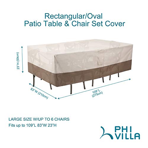 PHI VILLA Patio Table Set Covers Waterproof, Large Rectangular Heavy Duty Patio Cover, Outdoor Dining Table and Chair Cover with Pop-up Supporter, 89"L X 59"W X 23"H, Beige & Brown