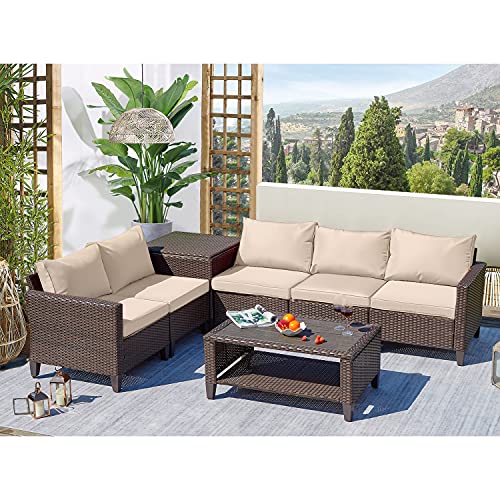 EROMMY 7 Pieces Patio Furniture Set, Outdoor Sectional PE Rattan Sofa with Table, Cushions and Pillows, Patio Sofa for Garden, Lawn, Balcony