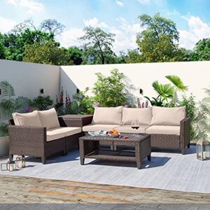 EROMMY 7 Pieces Patio Furniture Set, Outdoor Sectional PE Rattan Sofa with Table, Cushions and Pillows, Patio Sofa for Garden, Lawn, Balcony