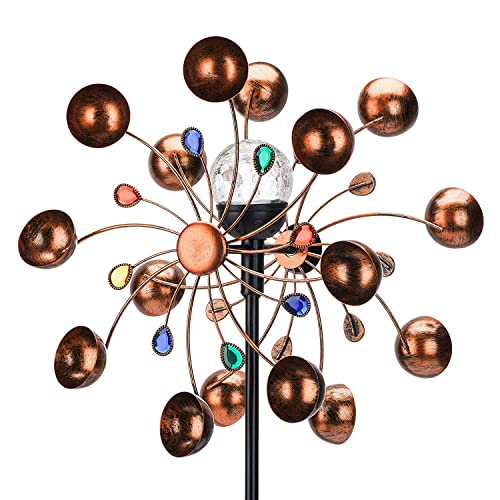 TiuAuiT Wind Spinner Outdoor Metal Multi Color Seasonal LED Lighting Solar Powered Glass Ball with Kinetic Windmill Dual Direction for Patio Lawn Garden