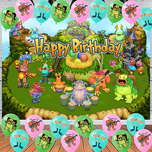 Singing Monsters Birthday Party Decoration, Monsters Game Party Photo Background 5 x 3 FT and 24Pcs Balloon, Monsters of Singing Party Backdrop Supplies for Girls, Boy and Baby Shower