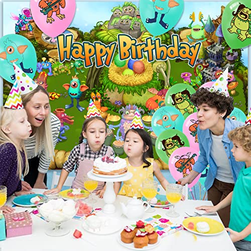 Singing Monsters Birthday Party Decoration, Monsters Game Party Photo Background 5 x 3 FT and 24Pcs Balloon, Monsters of Singing Party Backdrop Supplies for Girls, Boy and Baby Shower