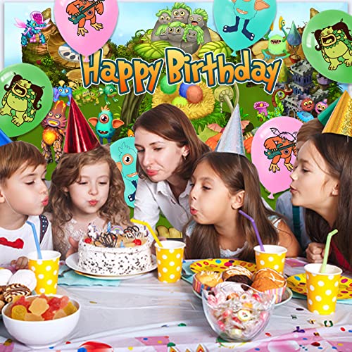 Singing Monsters Birthday Party Decoration, Monsters Game Party Photo Background 5 x 3 FT and 24Pcs Balloon, Monsters of Singing Party Backdrop Supplies for Girls, Boy and Baby Shower