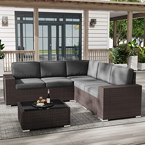 LayinSun Outdoor Patio Furniture Set 6 Pieces Sectional Conversation Sofa Set Brown Rattan Sofa Set with Coffee Table