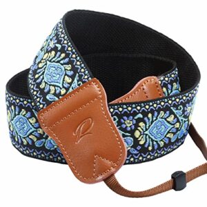 Blue Vintage Embroidered Camera Strap - Double Layer Cowhide Ends,2" Pure Cotton Woven Camera Strap, Adjustable Universal Neck & Shoulder Strap for All DSLR / SLR Cameras,Great Gift for Photographers