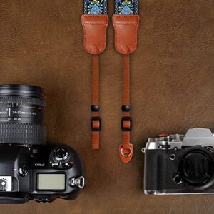 Blue Vintage Embroidered Camera Strap - Double Layer Cowhide Ends,2" Pure Cotton Woven Camera Strap, Adjustable Universal Neck & Shoulder Strap for All DSLR / SLR Cameras,Great Gift for Photographers