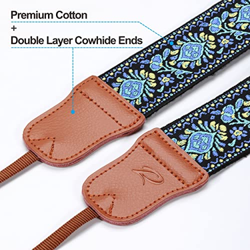 Blue Vintage Embroidered Camera Strap - Double Layer Cowhide Ends,2" Pure Cotton Woven Camera Strap, Adjustable Universal Neck & Shoulder Strap for All DSLR / SLR Cameras,Great Gift for Photographers