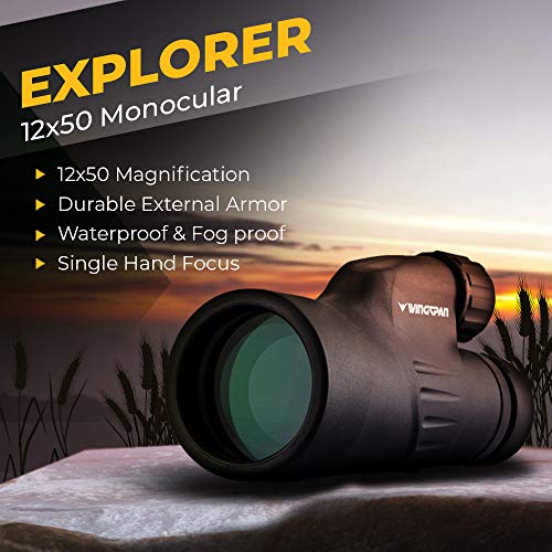 Wingspan Optics Explorer High Powered 12X50 Monocular. Bright and Clear. Single Hand Focus. Waterproof. Fog Proof. For Bird Watching, or Watching Wildlife. Daytime Use. Formerly Polaris Optics