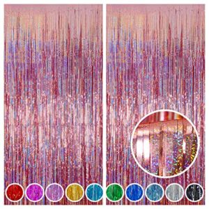 foil fringe backdrop, melsan 2 pack 3.2 ft x 8.2 ft tinsel foil fringe curtains, sparkle fringe curtains for party photo background decoration, rose gold