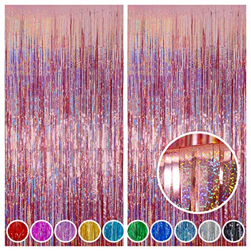 Foil Fringe Backdrop, Melsan 2 Pack 3.2 ft x 8.2 ft Tinsel Foil Fringe Curtains, Sparkle Fringe Curtains for Party Photo Background Decoration, Rose Gold