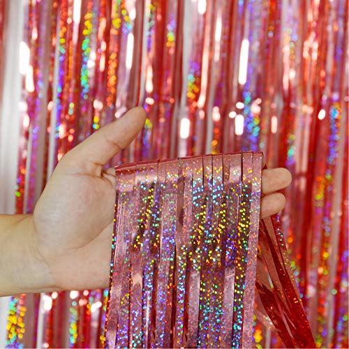 Foil Fringe Backdrop, Melsan 2 Pack 3.2 ft x 8.2 ft Tinsel Foil Fringe Curtains, Sparkle Fringe Curtains for Party Photo Background Decoration, Rose Gold