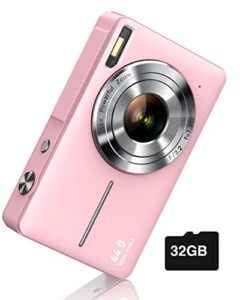 digital camera, fhd 1080p digital point and shoot camera for kids 44mp vlogging camera with anti shake 16x zoom, compact kids camera small camera for boys girls teens students seniors- pink