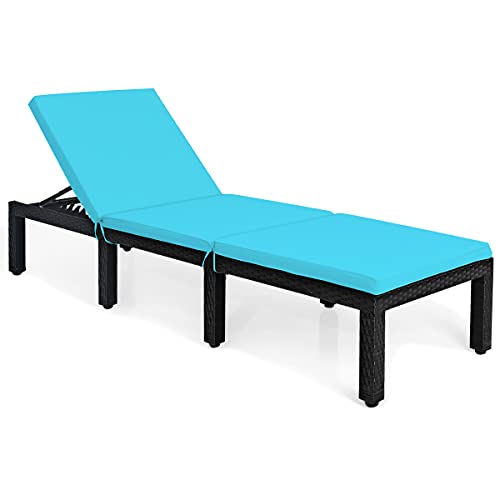 RELAX4LIFE Patio Wicker Lounge Chair - Rattan Reclining Chair w/Adjustable Backrest & Removable Cushion, Modern Rattan Furniture for Garden, Balcony, Backyard, Outdoor Chaise Lounge (1, Turquoise)