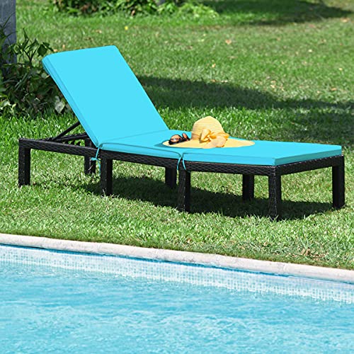 RELAX4LIFE Patio Wicker Lounge Chair - Rattan Reclining Chair w/Adjustable Backrest & Removable Cushion, Modern Rattan Furniture for Garden, Balcony, Backyard, Outdoor Chaise Lounge (1, Turquoise)