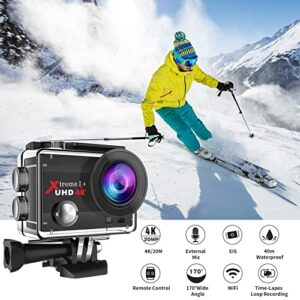 4K 20MP WiFi Action Camera 131FT Underwater Waterproof Camera 2.0'' LCD Screen 170° Wide Angle EIS Sports Cam with External Mic 2.4G Remote Control 2x1050mAh Batteries and Helmet Accessories Kit