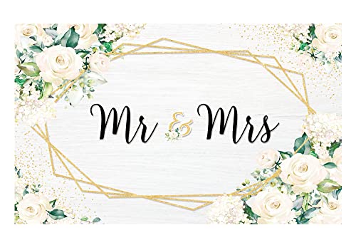 Allenjoy White Floral Mr & Mrs Engagement Decorations Backdrop for Couples Wedding Bride and Groom Engaged Ceremony Anniversary Bridal Shower Supplies Photo Booth Props Background